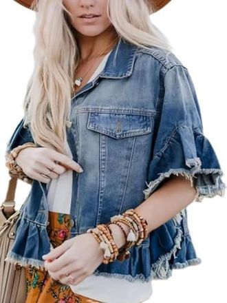 Generic Veste en jean pour femme, boutonn&eacute;e, &agrave; volants, manches courtes, d&eacute;contract&eacute;e, boutonn&eacute;e, tendance, &agrave; volants, a-bleu, XL