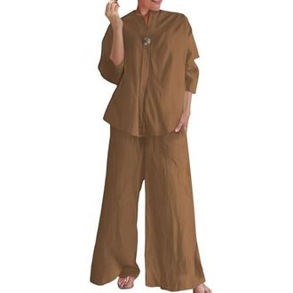 Generic Surv&ecirc;tement deux pi&egrave;ces en velours pour femme - Tenue d&eacute;t&eacute; d&eacute;contract&eacute;e en lin - Col rond - Manches 3/4 - Pantalon &agrave; taille haute et large avec poches