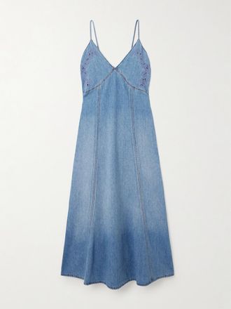 Chlo&eacute; Robe Midi En Chambray De Coton Recycl&eacute; Et De Lin M&eacute;lang&eacute;s &Agrave; Broderie Anglaise - Net Sustain - Bleu