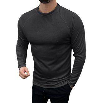 Generic DENGJIAMY Chemise raglan gaufr&eacute;e &agrave; manches longues classique &agrave; col rond pour homme T-shirts de printemps tendance hauts d&eacute;contract&eacute;s pour hommes, Noir