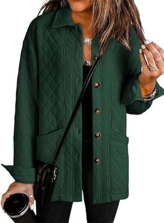 Generic Veste matelass&eacute;e d&eacute;contract&eacute;e boutonn&eacute;e &agrave; manches longues pour femme, manteau matelass&eacute; l&eacute;ger et d&eacute;contract&eacute; avec poches, vert fonc&eacute;, XXL