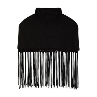 Patrizia Pepe Cropped Strickponcho mit Logo-Etikett und Fransen - - Accessories - Damen - Schwarzk - ONE SIZE