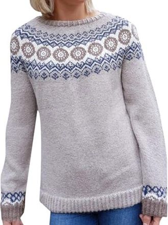 Generic Pull Islandais Femme, Pull Norv&eacute;gien Femme Hiver Chaud Pull Femme Hiver Col Rond Pull en Tricot Grande Taille Mohair Pull Jacquard Irlandais Sweatshir