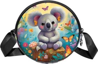 Generic Sac &agrave; bandouli&egrave;re rond pour femme, motif feuilles de koalas, petit sac &agrave; bandouli&egrave;re avec fermeture &eacute;clair, bretelles r&eacute;glables, sac &agrave; main rond d&eacute;con