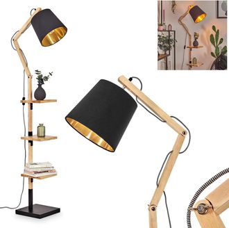 HOFSTEIN Stehleuchte Tukchor, Stehlampe aus Holz/Metall/Stoff in Natur/Schwarz-Gold, verstellbare Leuchte im Boho-Design m. Ablageflächen u. Schalter, 152,5cm,