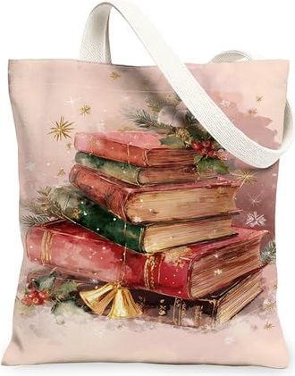 Generic Sacs fourre-tout en toile vintage de No&euml;l, litt&eacute;rature festive, r&eacute;utilisables, confortables, rustiques, l&eacute;gers et lavables, S, p&ecirc;che, 13x15 Inch