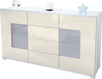 Vladon Sideboard Grömitz V1, Kommode mit 2 großen Türen und 4 Schubladen, Weiß matt/Creme Hochglanz (138,5 x 75,5 x 35)