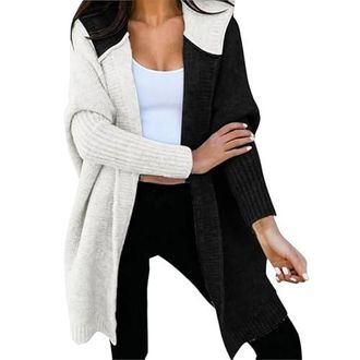 Generic Pull à capuche pour femme ouvert sur le devant à manches longues en tricot avec blocs de couleurs, noir/blanc, XL