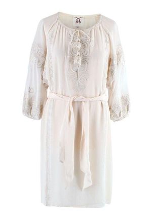 Figue Cream Silk Embroidered Belted Dress Size XS
