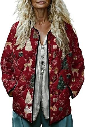 Generic Veste matelassée avec motif darbre de Noël imprimé graphique pour femme avec motif festif, veste rembourrée rétro boutonnée à col montant pour lhiver,