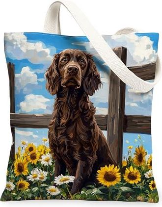 Generic Sac fourre-tout en toile r&eacute;utilisable avec motif de chien Boykin Spaniel de printemps 33 x 38,1 cm, motif tournesol, cl&ocirc;ture de chiot, sac d&eacute;picerie p