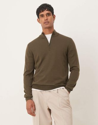 Mango Pullover aus 100% Wolle in Khaki mit kurzem Reißverschluss-Grün