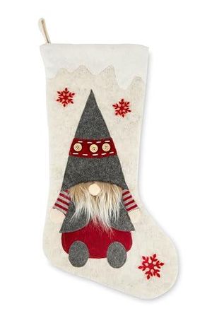 Excelsa Chaussette de Noël avec GNOME épiphanie, 47,8 x 25,7 cm, décoration Festive en Tissu, Blanc et Rouge
