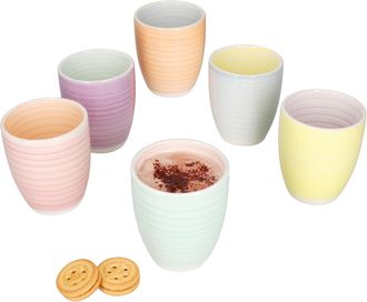 MamboCat Pastello 6er Set Kaffeebecher ohne Henkel I 330 ml I bunte Steingut-Becher mit Pastell-Farben für 6 Personen I Tassen für Heißgetränke wie Tee, Kakao 