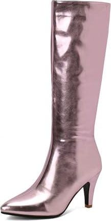 Generic Bottes m&eacute;talliques &agrave; talon chaton pour femme avec fermeture &eacute;clair lat&eacute;rale tendance pour lhiver, rose, 38.5 EU