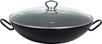 Riess 0385-022, Wok mit Glasdeckel 36, CLASSIC - SCHWARZEMAILLE, Durchmesser 36cm, Maße 44,5 x 36 x 16,5cm, Inhalt 4 Liter, Emaille, schwarz, Induktion
