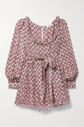 Etro Minikleid Aus Cr&ecirc;pe De Chine Aus Seide Mit Bindeg&uuml;rtel, R&uuml;schen Und Blumenprint In Metallic-optik - Pink