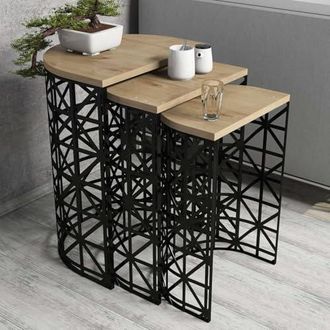 Hanah Home Modern Nesting Table Set (3 Pieces), Oak & Black, 100% Melamine Coated, Metal Frame, 18mm Thick | Stylish & Functional for Home & Office