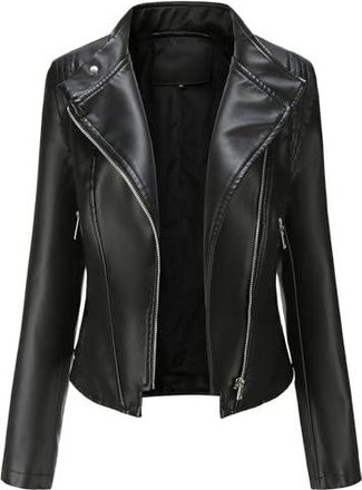 Generic Veste de moto courte en cuir synth&eacute;tique pour femme avec col &agrave; revers et fermeture &eacute;clair, Noir, 3XL