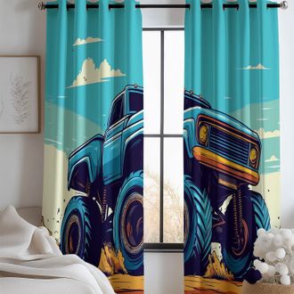 Generic Verdunkelungsvorh&auml;nge Cartoon Monstertruck Motiv H 260 x B 140 cm (2er Pack) vorh&auml;nge mit &Ouml;sen f&uuml;r Kinder-und Jugendzimmer dekorieren Blau Bedruckt w&auml;