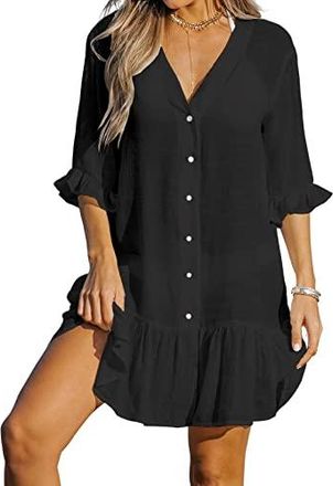 Cupshe Robe de plage à manches courtes avec col en V et volants pour femme, Noir, S