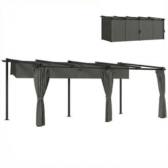 OUTSUNNY Tonnelle de jardin r&eacute;tractable - Outsunny - toit coulissant - rideaux lat&eacute;raux - m&eacute;tal - 3x6m - gris fonc&eacute;