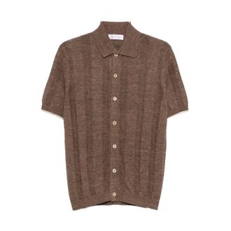 Brunello Cucinelli Homme, Pulls, Brun, Taille: 4XL Polo &agrave; Manches Courtes en Lin et Coton