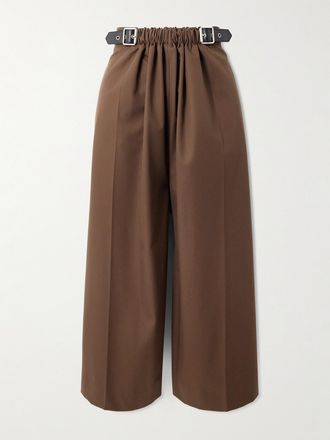 Loewe Pantalon Large Raccourci En Serge De Coton Et De Soie Mélangés À Finitions En Cuir - Marron