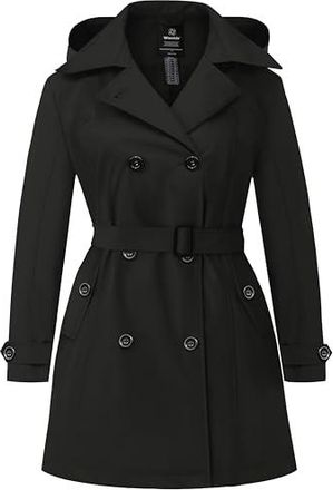 Wantdo Femme Trench-Coat Grande Taille Veste Coupe-Vent Manteau Imperméable pour Femmes avec Capuche Amovible Trench mi-Long à Double Boutonnage et à Revers 