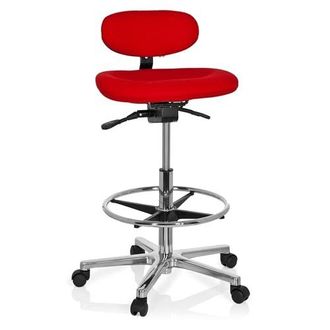 hjh OFFICE 608331 Arbeitsstuhl hoch Work MF Stoff Rot Stehhilfe B&uuml;ro Drehhocker mit Lehne & Rollen, h&ouml;henverstellbar