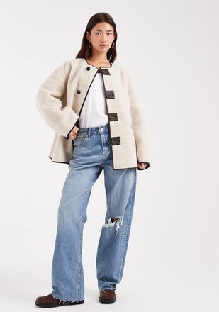 Pieces Veste réversible en tissu duveteux et imitation cuir - Crème et marron-Brown