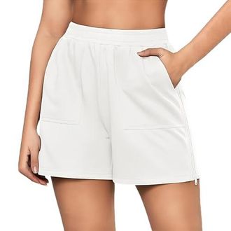 Generic Short de surv&ecirc;tement pour femme taille haute &agrave; enfiler avec fermeture &eacute;clair lat&eacute;rale, d&eacute;contract&eacute;, en coton, short d&eacute;t&eacute; avec poches, blanc, XXL