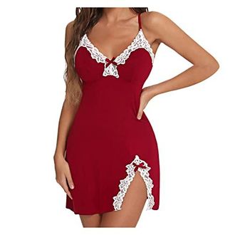 Generic Robe de nuit fine en dentelle avec noeud et fente lat&eacute;rale pour femme, Rouge, 5XL