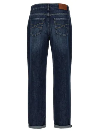 Brunello Cucinelli Logo-Embroidered Cotton Denim Jeans - Navy