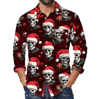 Generic Chemise de No&euml;l &agrave; manches longues pour homme, chapeau de P&egrave;re No&euml;l t&ecirc;te de mort | Chemise imprim&eacute;e d&eacute;contract&eacute;e boutonn&eacute;e | pour les vacances, No&euml;l ef