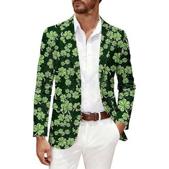 Generic Blazer pour homme en velours côtelé imprimé trèfle porte-bonheur, manteau daffaires léger coupe régulière, 01-2-Vert noirâtre, XXL