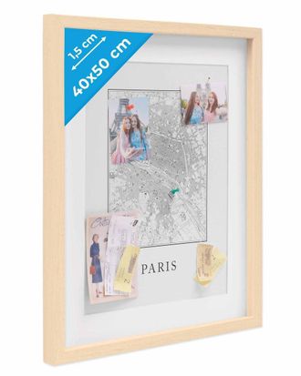 Photolini 3D Bilderrahmen zum Befüllen 40x50 Natur groß, 1,5 cm tiefer Objektrahmen mit Glas, tiefer Bilderrahmen 40x50 Holz MDF mit Passepartout, Dicker 3D Rah