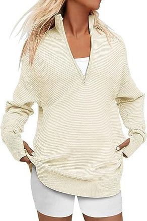 Generic Uwdiohq Pull Femme Hiver Longues pour Femmes avec Demi-Fermeture Éclair Et Col en V À Ourlet Arrondi Décontracté Trou Le Pouce (Beige, S) Grande Taill
