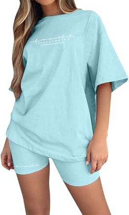 Generic Ensemble 2 pi&egrave;ces pour femme - T-shirt surdimensionn&eacute; - Short de motard - Style d&eacute;contract&eacute; - Tenue de sport - Essentiel pour les vacances d&eacute;t&eacute;, bleu,
