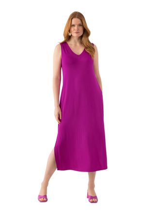 Ulla Popken Damen große Größen Übergrößen Plus Size Slinky-Midikleid, A-Linie, V-Ausschnitt, ärmellos Beere 46+ 819540822-46+