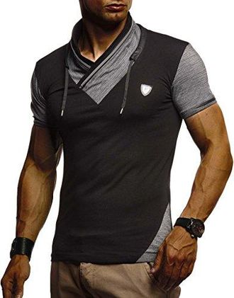 LEIF NELSON LN805 T-shirt d&eacute;t&eacute; &agrave; manches courtes et col montant pour homme Coupe ajust&eacute;e D&eacute;contract&eacute;e Partie de coton Blanc et noir, Noir, M