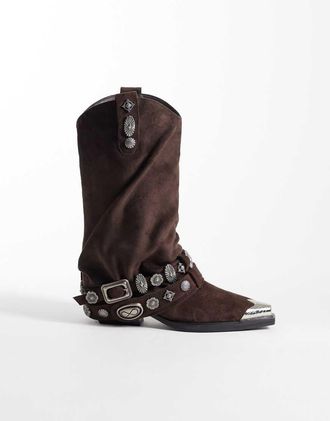 Azalea Wang Azalea Wang - Ashraf - Bottines souples style western en daim &agrave; ornements - Marron-Brown