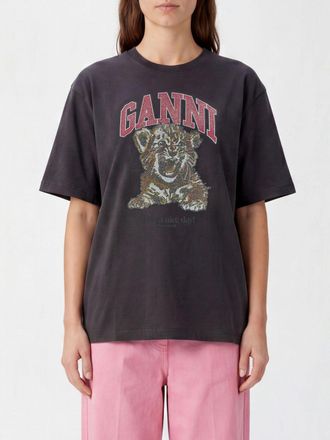 Ganni T-shirt en coton &agrave; col rond avec maxi logo frontal