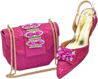 Generic Chaussures et sacs de fête pour femme assortis élégants à talons bas et bout pointu avec strass, fuchsia, 42.5 EU