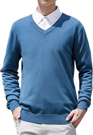 Generic Pull &agrave; col en V pour homme, pull tricot&eacute; couleur unie &agrave; manches longues au toucher doux, maille extensible, pull classique d&eacute;contract&eacute; l&eacute;ger en tricot