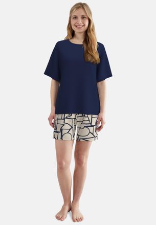 Tom Tailor Shorty TOM TAILOR, Damen, Gr. 36, blau, dunkel, allover, Single Jersey, Obermaterial: 95% Viskose, 5% Elasthan, bequem kurz, Rundhals, gerader Abschlu