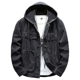 Generic Vestes noires pour hommes, unisexe, manteau en jean d&eacute;contract&eacute; &agrave; manches longues, style trucker, capuche, noir, taille XX Large