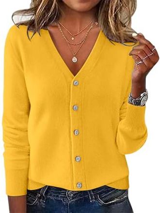 Generic 2025 Pull à Manches Longues de Couleur Unie pour Femme Chandail Tricot avec Boutons Cardigan Femme Gilet avec Boutons Col en V Léger Et Elégant Veste 