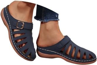 Generico Sandales &agrave; talons hauts en tissu pour grande taille, sandales d&eacute;t&eacute; &agrave; plateforme d&eacute;contract&eacute;es de plage, talon plat, Marine militaire., 41 EU Larga