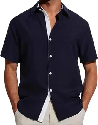 Generic Chemise en coton et lin pour homme - Haut boutonn&eacute; &agrave; manches courtes - Col &agrave; revers tendance - Coupe ample - Confortable - Respirant - V&ecirc;tements de pl